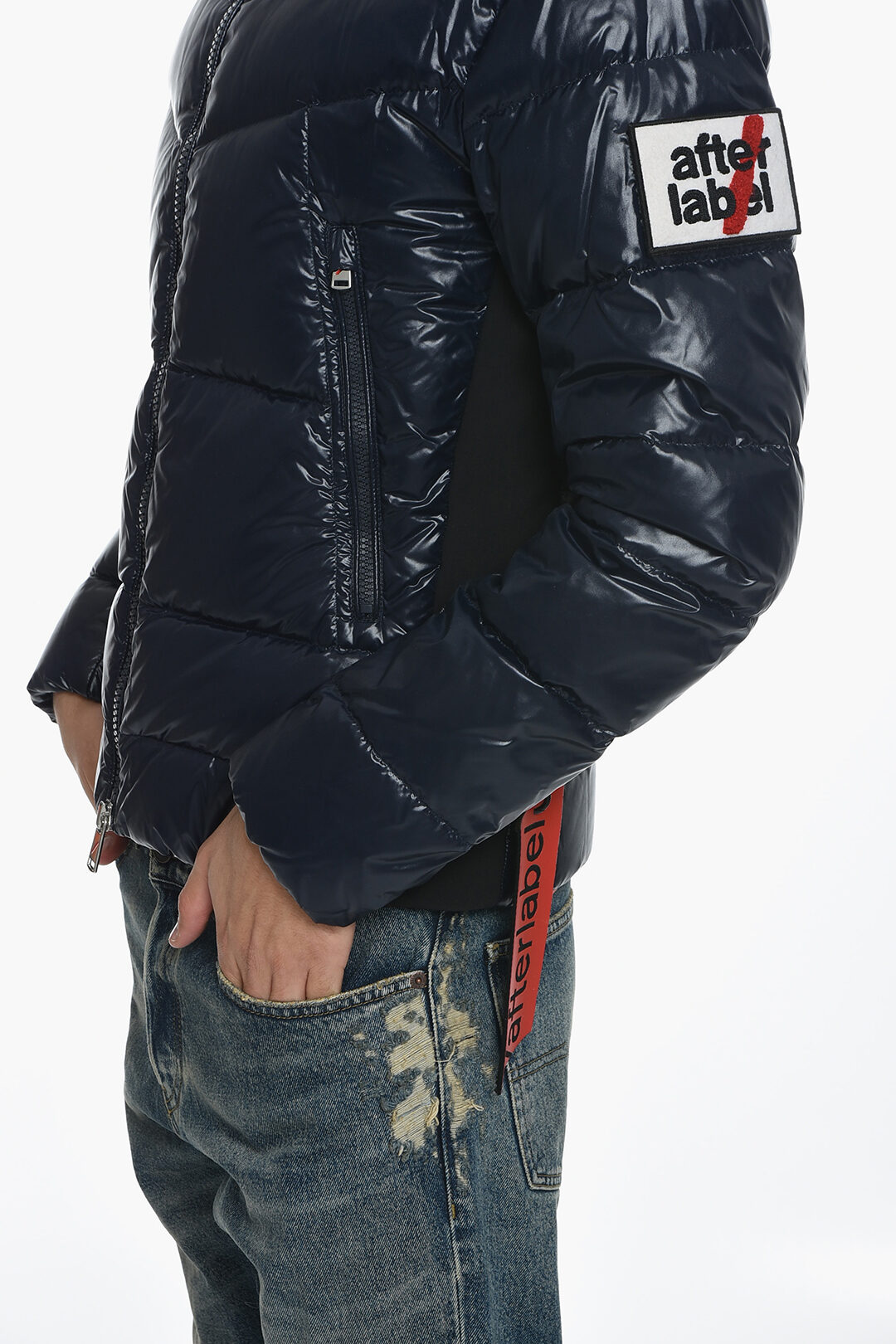 After Label Solid Color Down Jacket with Contrasting Logo Patch men ...