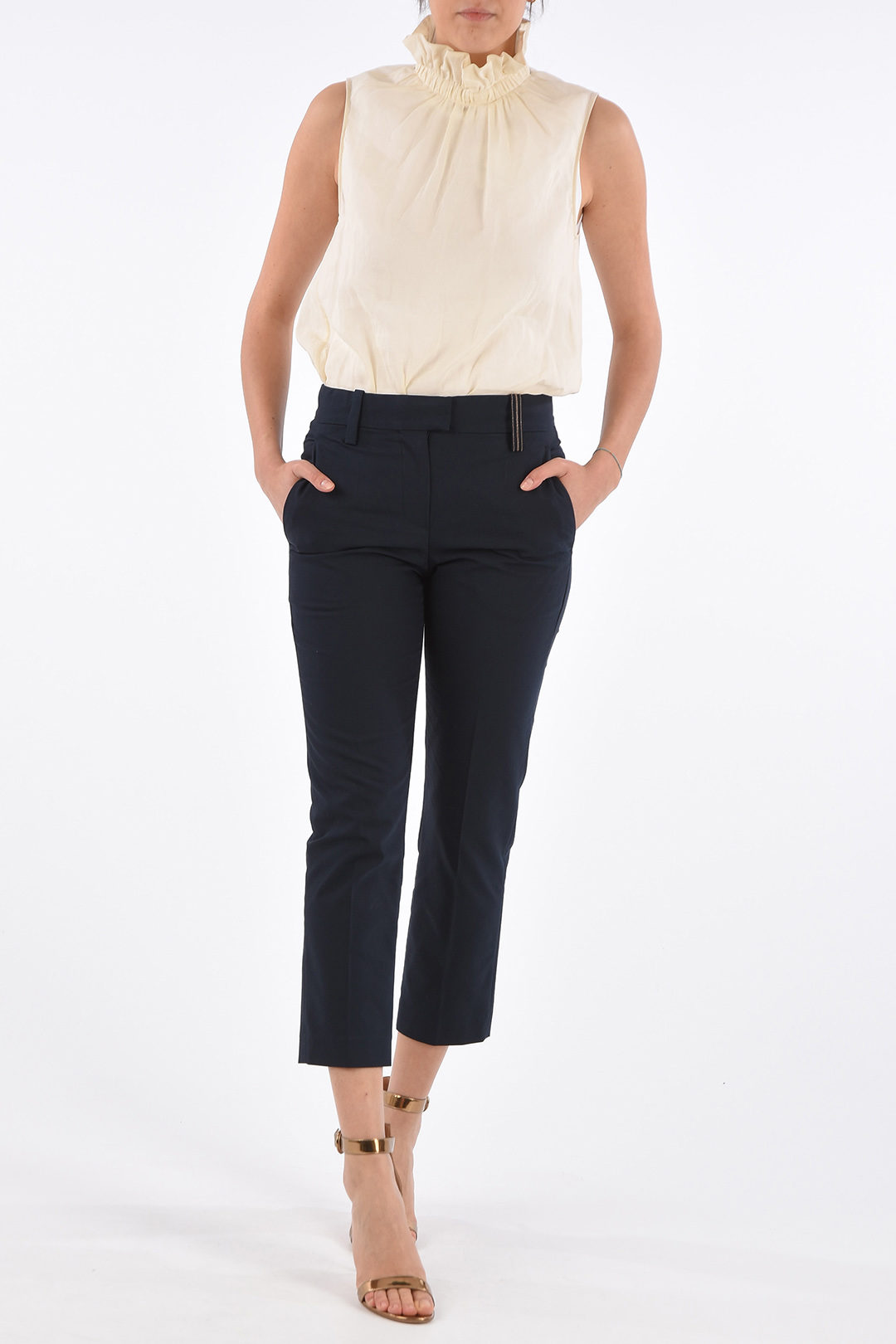 Brunello Cucinelli Stretch Cotton High Waist Pants with Hidden Closure ...