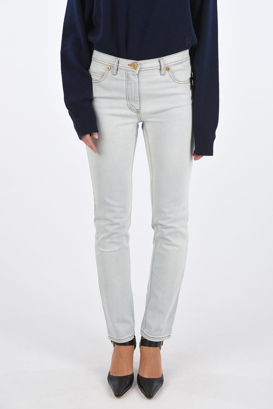 Versace stretch denim jeans with rhinestone embellished detail women ...