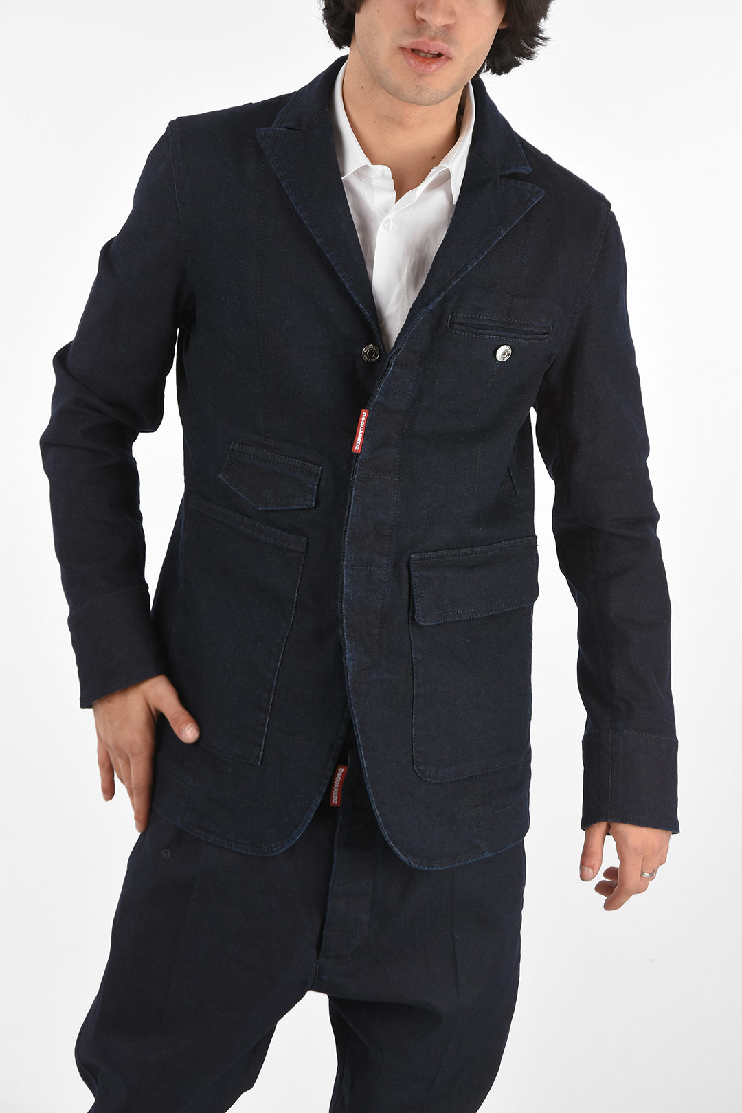 Dsquared2 stretch denim side vents peak lapel hidden closure jacket men ...