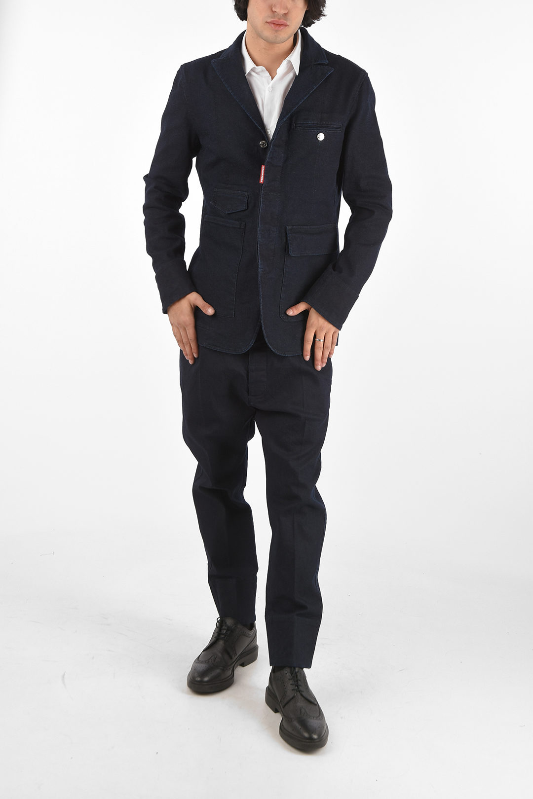 Dsquared2 stretch denim side vents peak lapel hidden closure jacket men ...