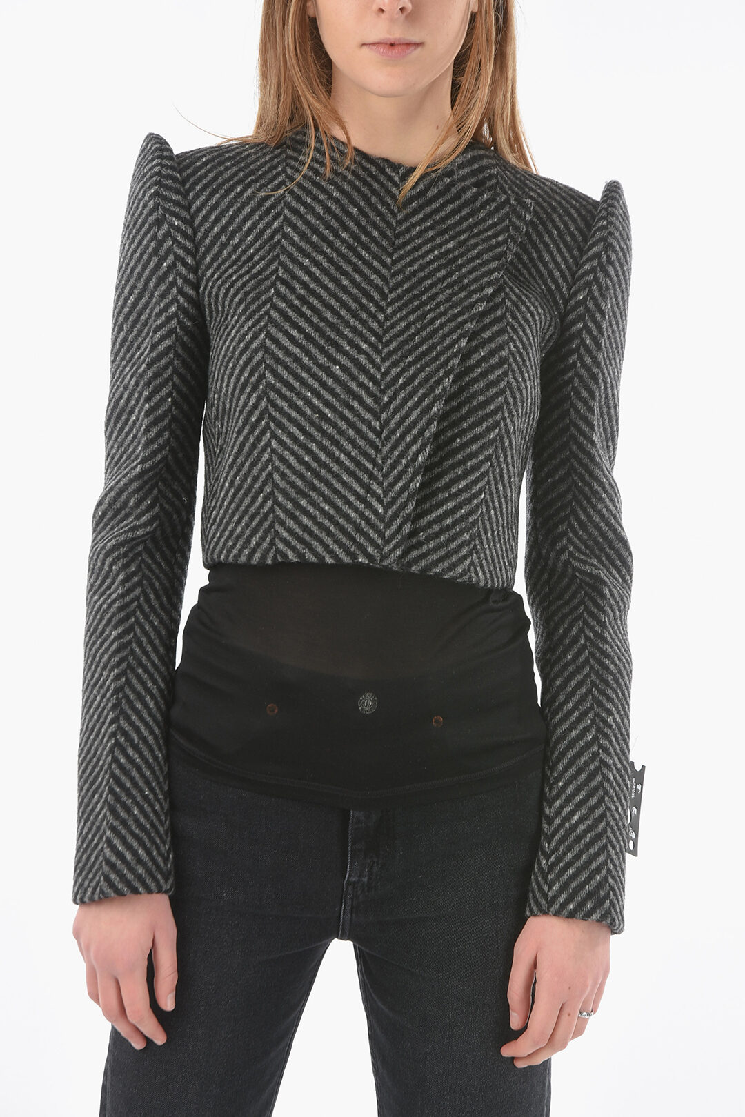 Off-White Striped Crop Jacket with Snap Closure and Puffed Sleeves ...