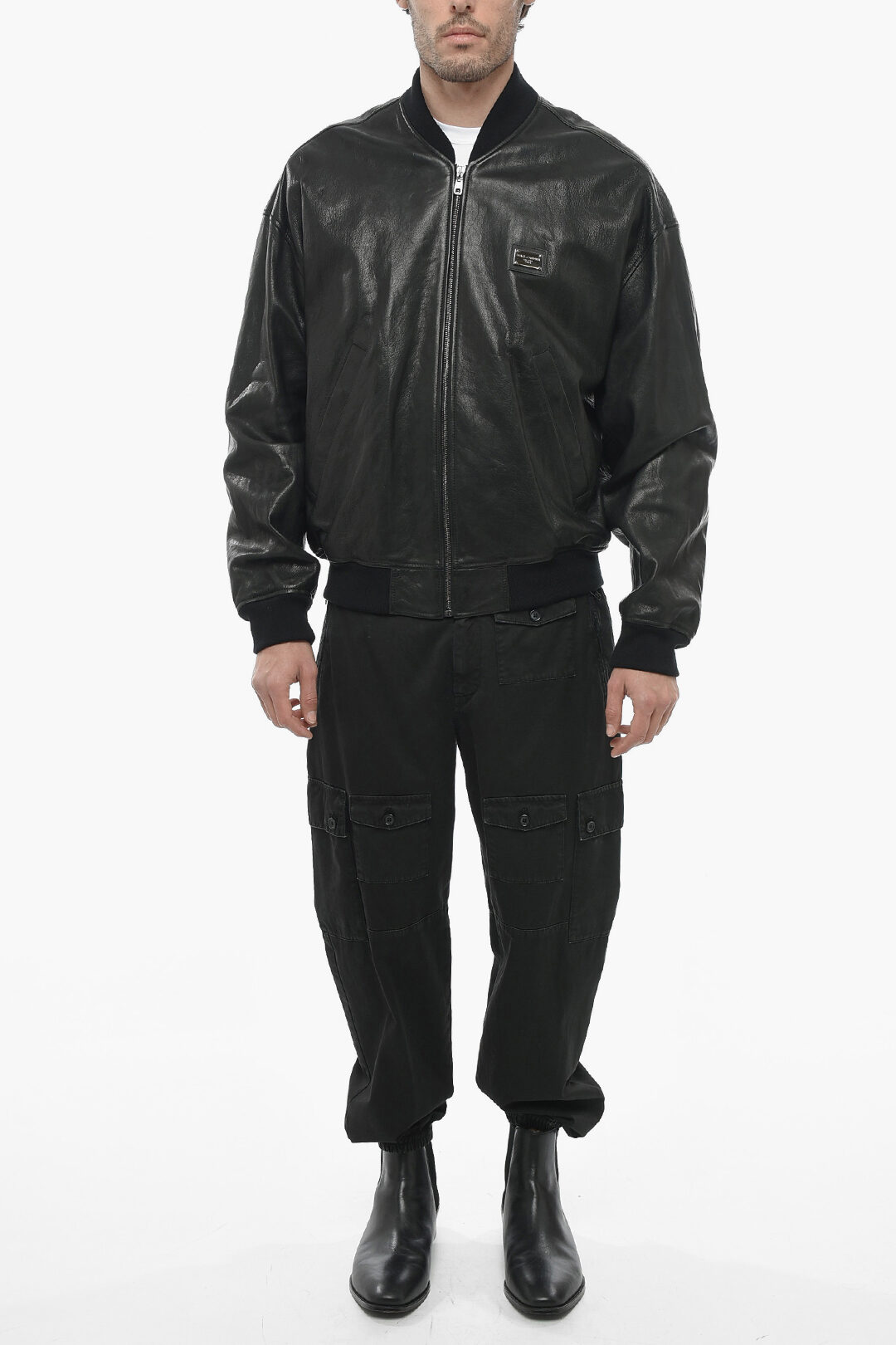 Dolce & Gabbana Textured Leather Bomber Jacket with Front Zip men ...