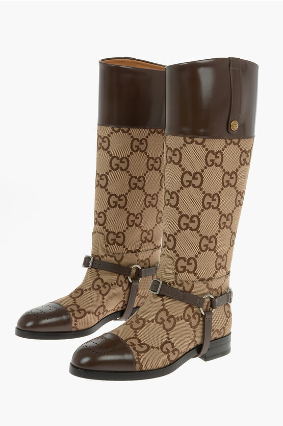 Gucci Under the knee GG Monogram Fabric Boots with Leather Strap 3,5cm ...