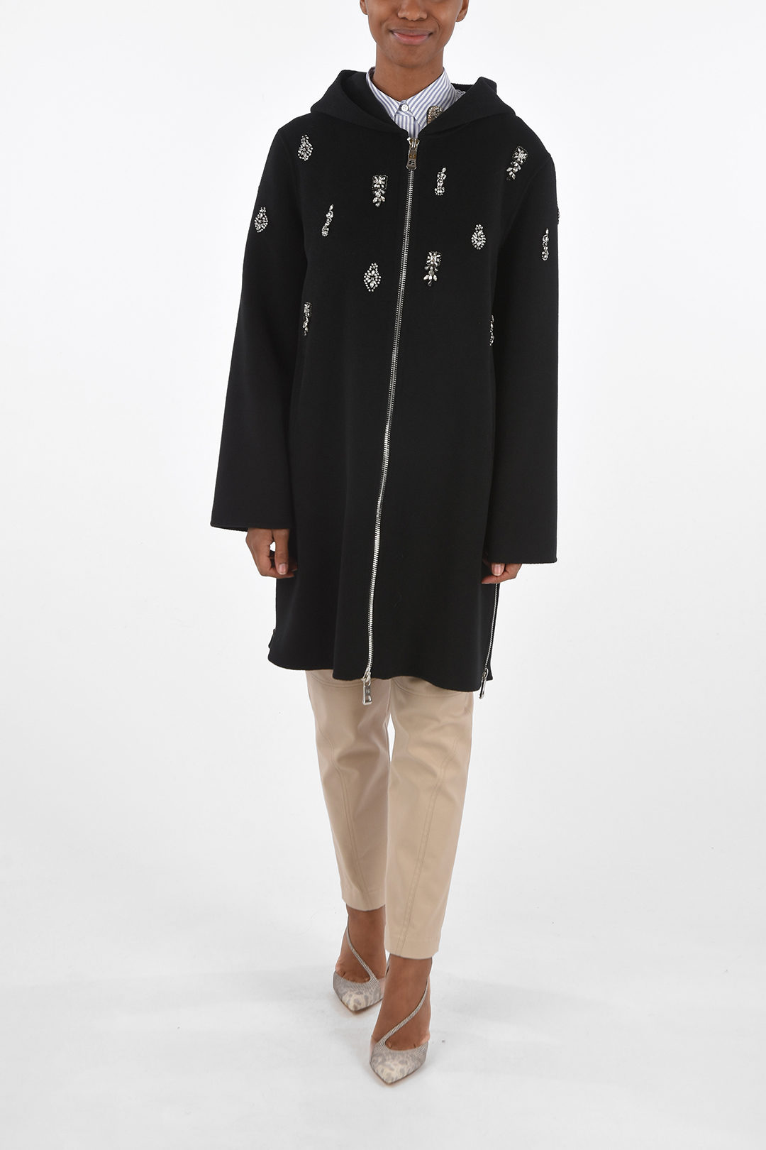 Ermanno Scervino Unlined Wool Coat with Front Zip and Jewel ...
