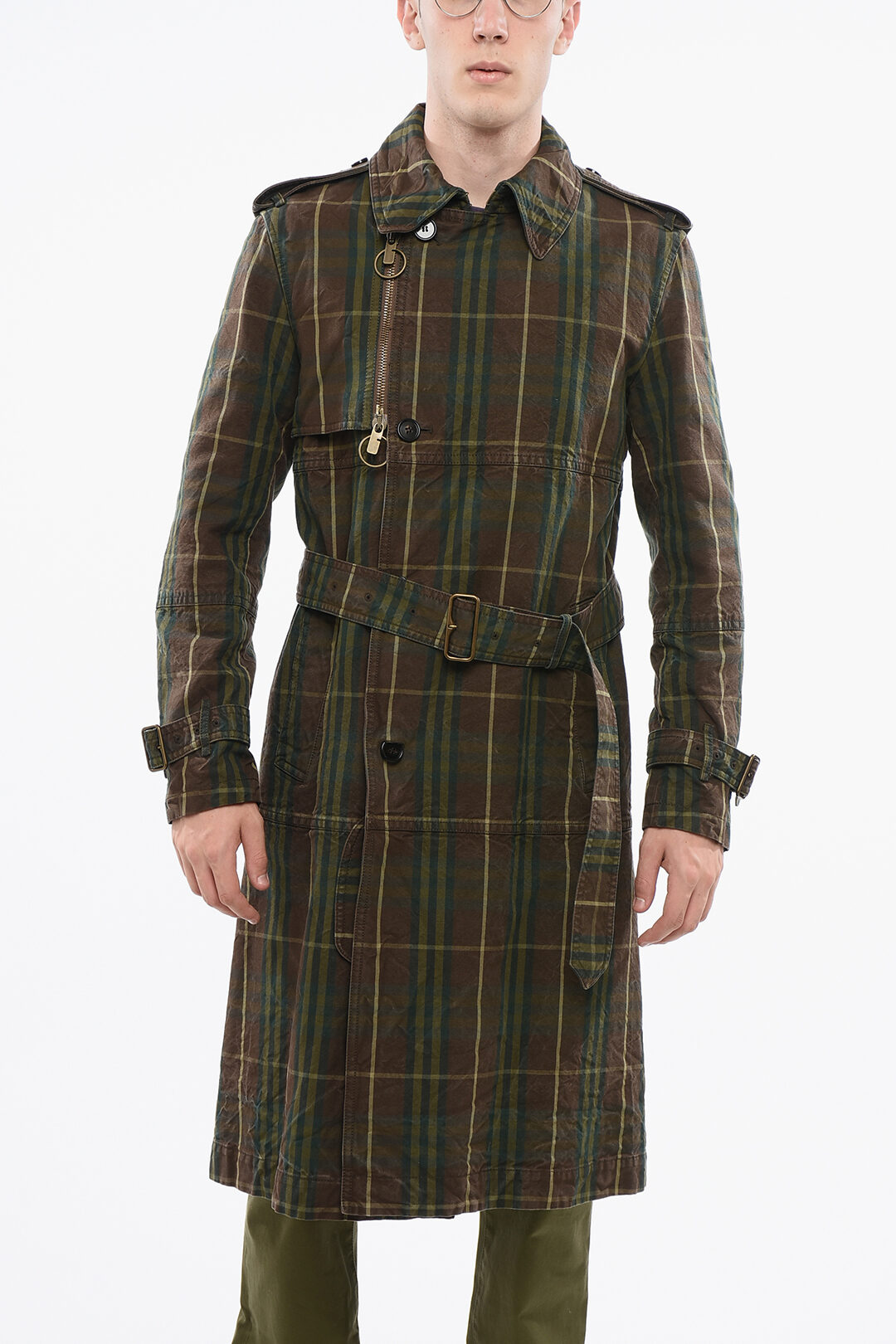 Burberry Vintage Effect Checked Trench Coat with Belt men - Glamood Outlet