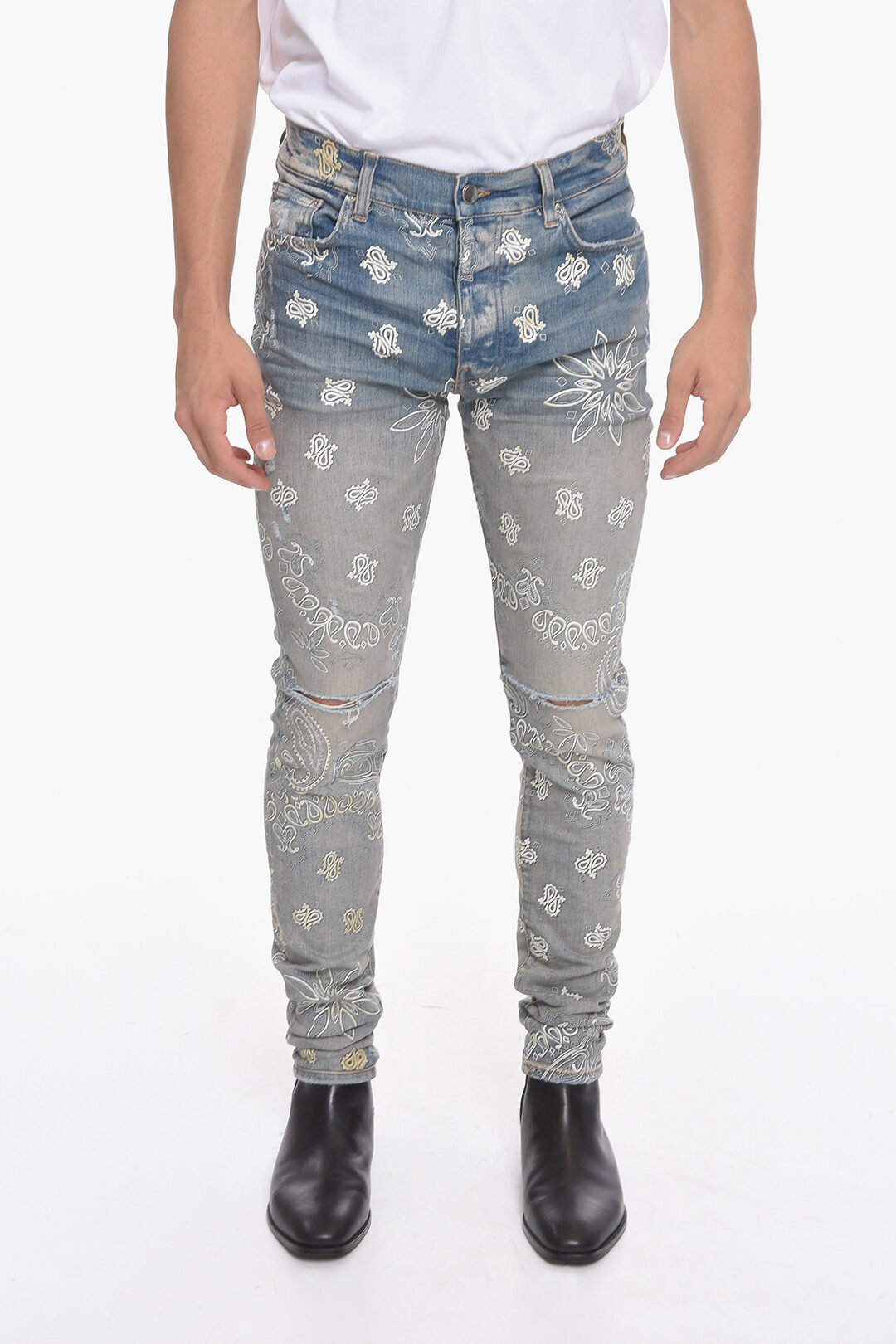 Amiri Vintage-effect Skinny Denims with Flocked BANDANA Motif 15cm men ...