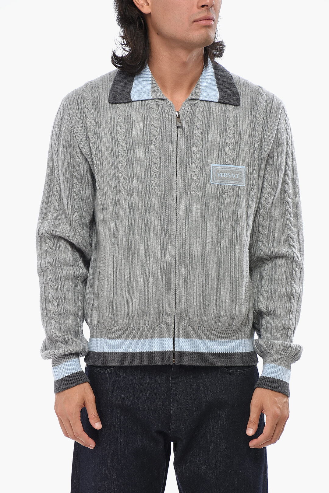 Versace Virgin Wool Cable Knit Cardigan with Zip Closure men - Glamood ...