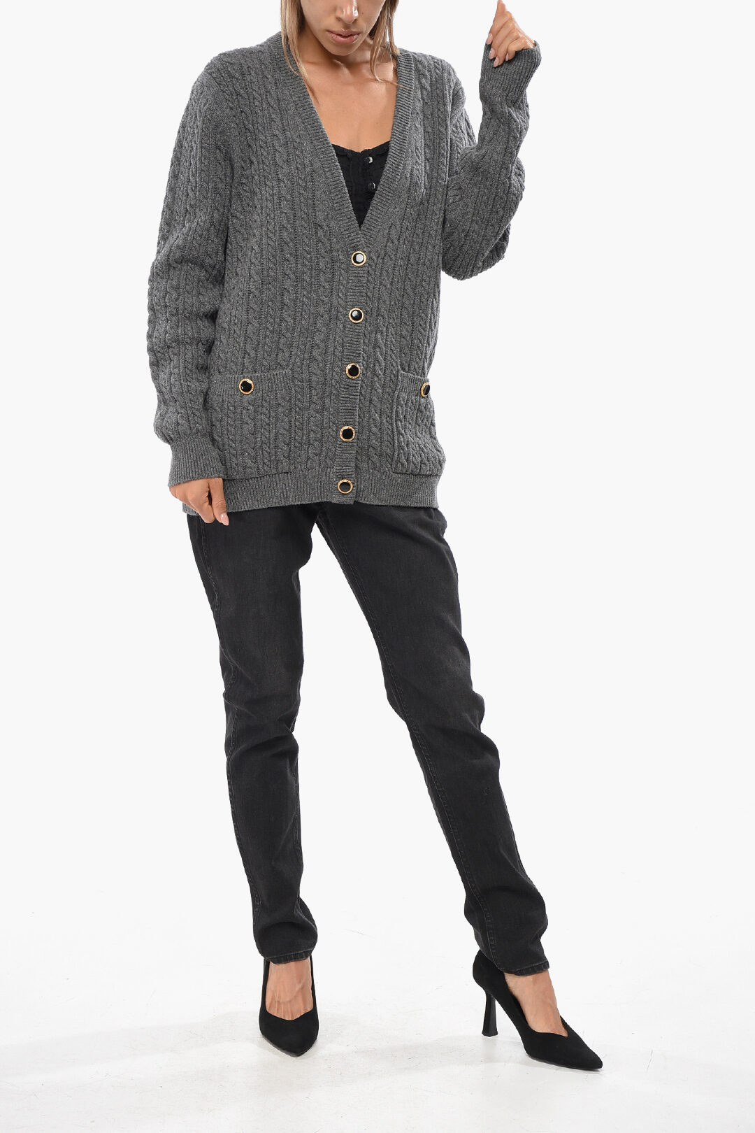 Alessandra Rich Wool Cable Knit Oversized Cardigan with Jewel Buttons ...