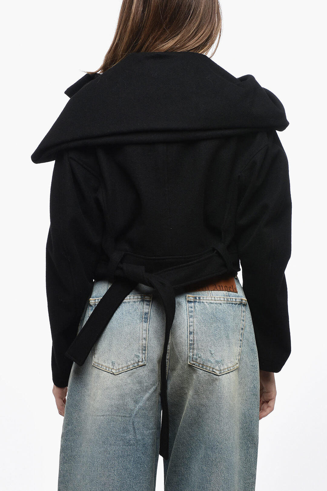 Yohji Yamamoto Wool Cropped Coat with Shawl Neckline women Yohji Yamamoto Wool Cropped Coat with Shawl Neckline women